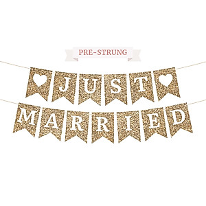 Pre-Strung Just Married Banner - NO DIY - Gold Glitter Wedding Party Banner - Pre-Strung Garland on 6 ft Strands - Gold Wedding Reception Party or Car Decorations & Decor. Did we Mention no DIY?