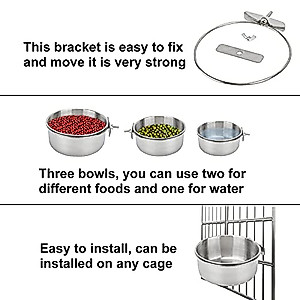 Bird Feeding Dish Cups 3 Pack Parrot Food Bowl Cage with Clamp Holder Stainless Steel Birdcage Coop Water Feeder for Cockatiel Conure Budgies Parakeet Macaw Finches Lovebirds Small Animal