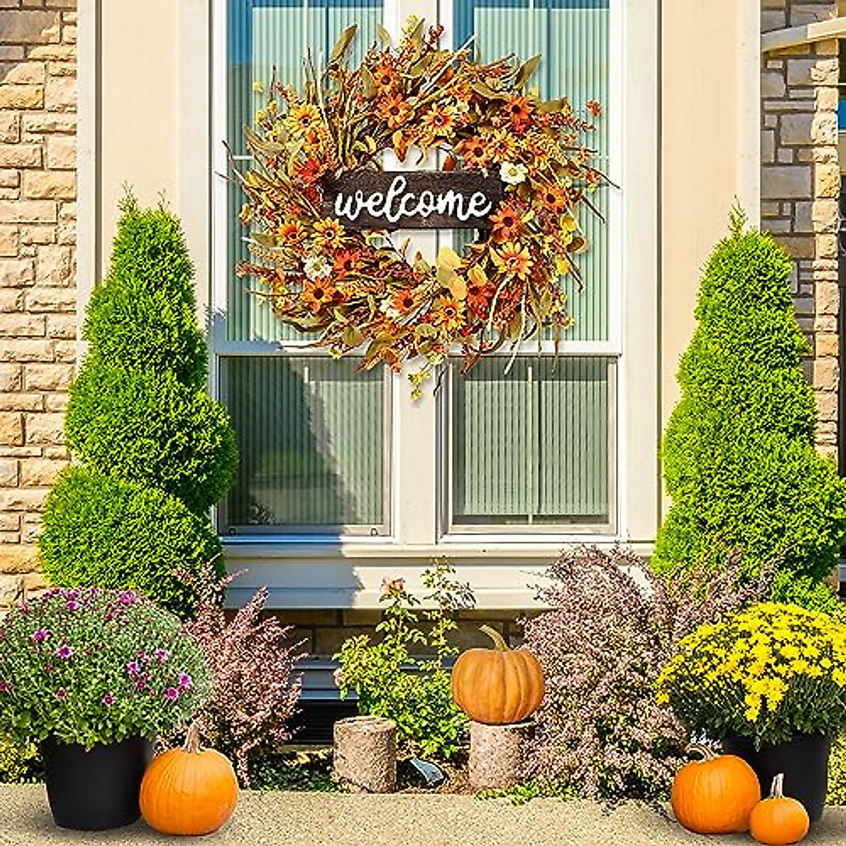 Sggvecsy Artificial Fall Wreath 22’’ Autumn Front Door Wreath Harvest Wreath with Orange Daisy Ear of Wheat Mixed Flowers and Leaves for Outside Indoor Wall Window Festival Thanksgiving Autumn Decor