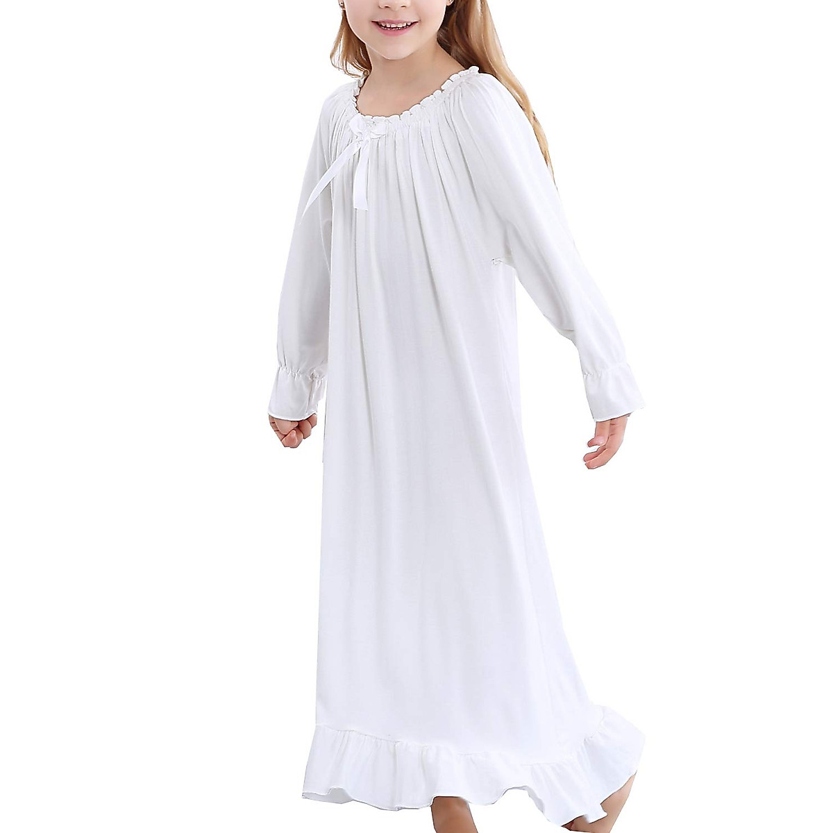 PUFSUNJJ Kids Girls Soft Cotton Nightgown Sleepwear Dress Toddler 3-12 Years Off-white