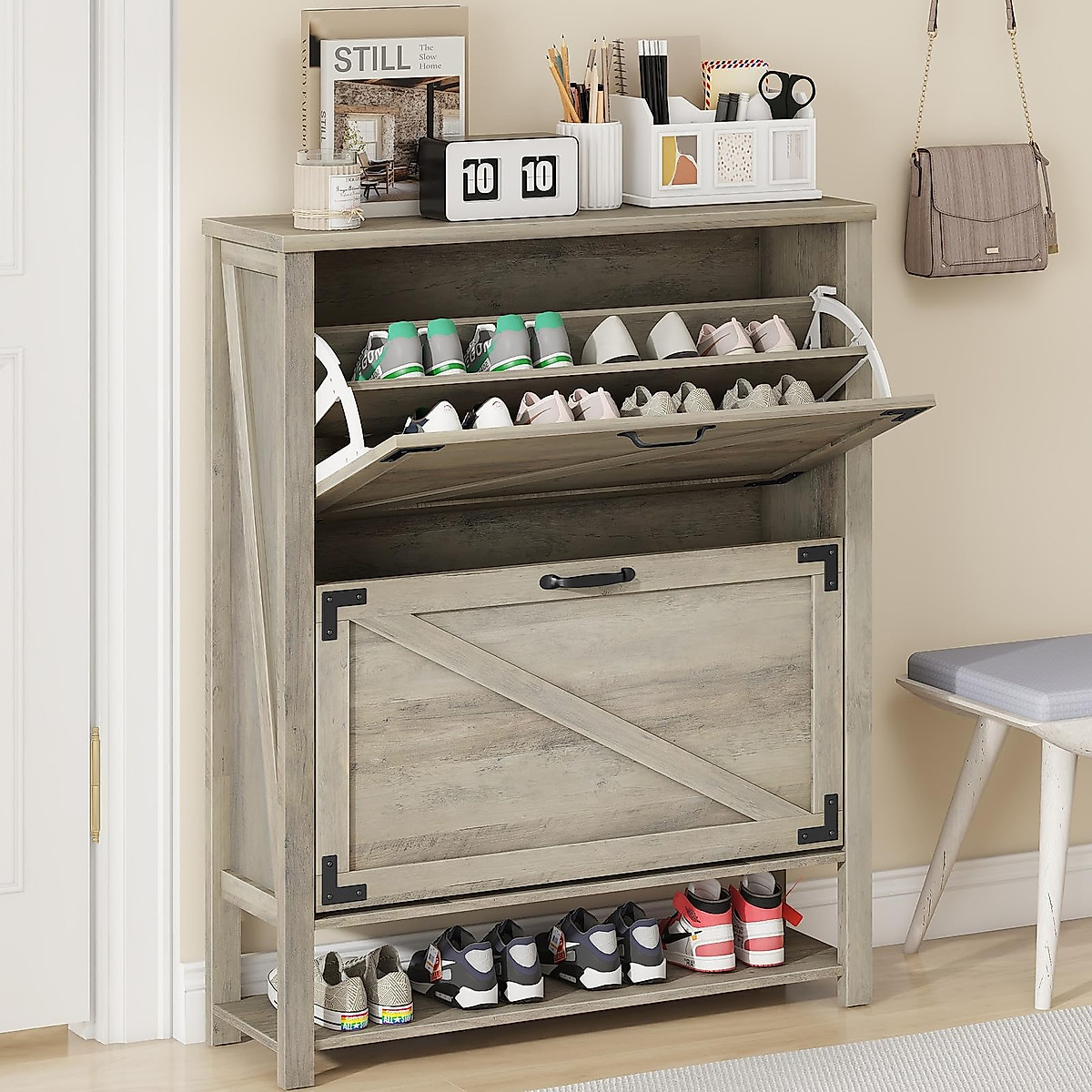 Shoe Cabinet with 2 Flip Drawers, Farmhouse Shoe Storage Cabinet for Entryway, Freestanding Shoe Organizer with Open Storage Rack, Narrow Shoe Rack Cabinet, Grey