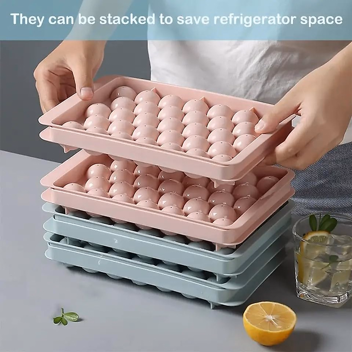 2-Pack Silicone Ice Cube Trays with Lid/Bin/Scoop - Freeze Pieces of Ice for Chilling Drinks and Cocktails - Non-Toxic, BPA Free Molds - Freezer Organizer for Iced Coffee, Whiskey & More.