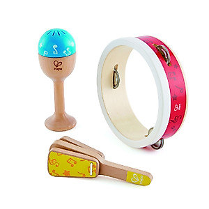 Hape Junior Percussion Set | 3 Piece Wooden Percussion Instrument Set for Toddlers, E0615