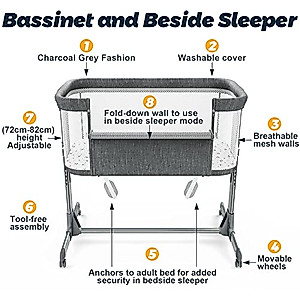 VANCLE Baby Bassinet Bedside Crib for Baby Sleeper, Portable Mesh Bassinet with Wheels & Comfy Mattress, Height Adjustable Baby Bed for Infants & Newborn Baby Boy & Girl (Grey)
