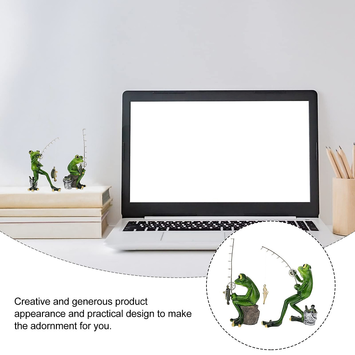 Funny Frog Figurines Garden Statue: Fishing Frog Ornament 2pcs Animal Collectible Figurines Sculpture for Bonsai Yard Table Desk Decor