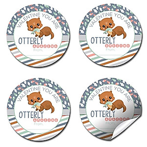 Adorable Otter Otterly Amazing Valentine Party Favor Sticker Labels for Girls, 40 2" Party Circle Stickers by AmandaCreation, Great for Classroom Valentines, Envelope Seals, Gifts & Treats