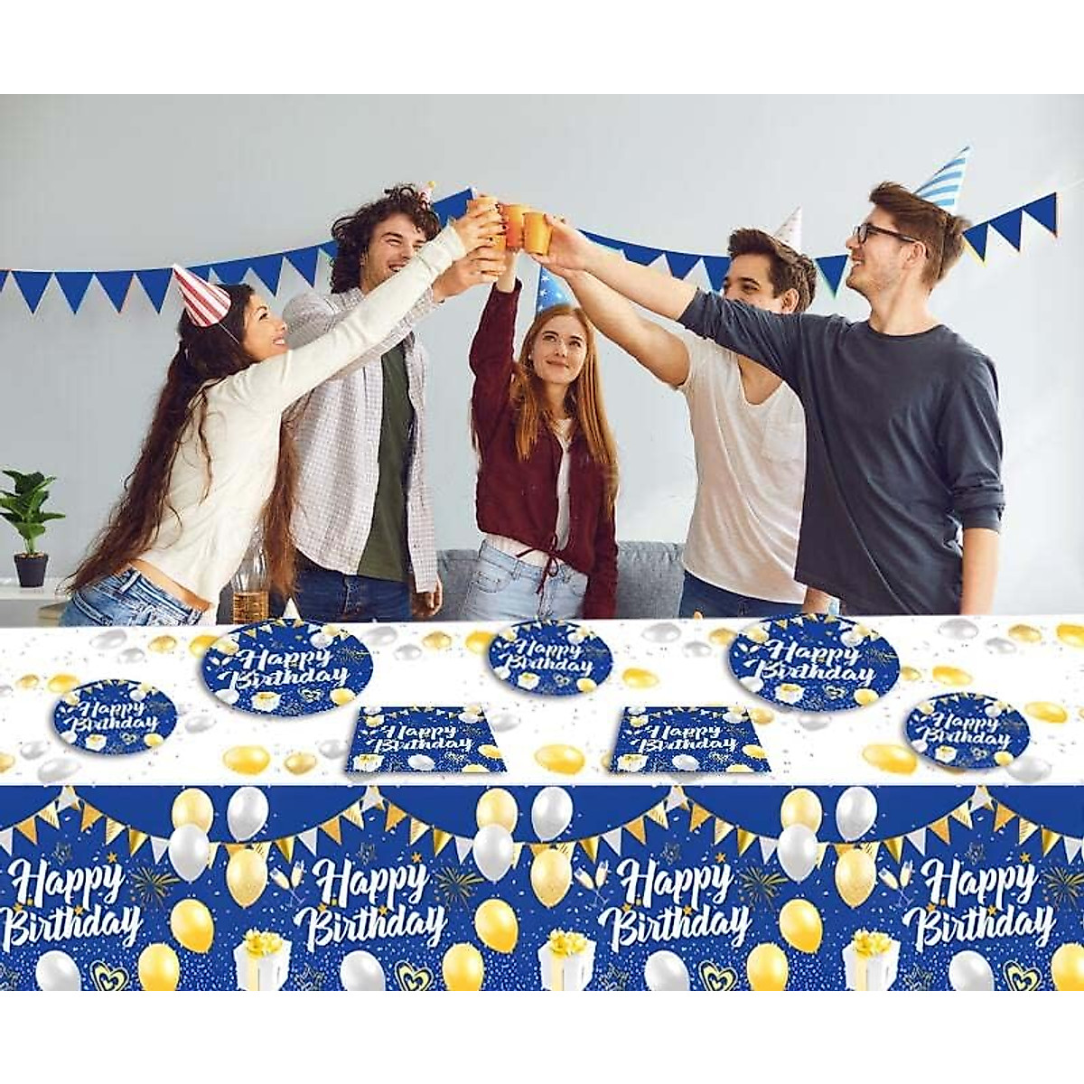 49 Pcs Navy Blue Birthday Party Tableware Set Blue Gold Birthday Party Supplies Navy Blue Plates,Napkins,Tablecloth Table Decorations for Men Women Birthday Graduation Party,Serves 16