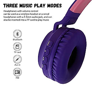 Luckyu Kids Bluetooth 5.0 Cat Ear Headphones Foldable On-Ear Stereo Wireless Headset with Mic LED Light and Volume Control Support TF Card Aux in Compatible with Smartphones PC Tablet (Pink)