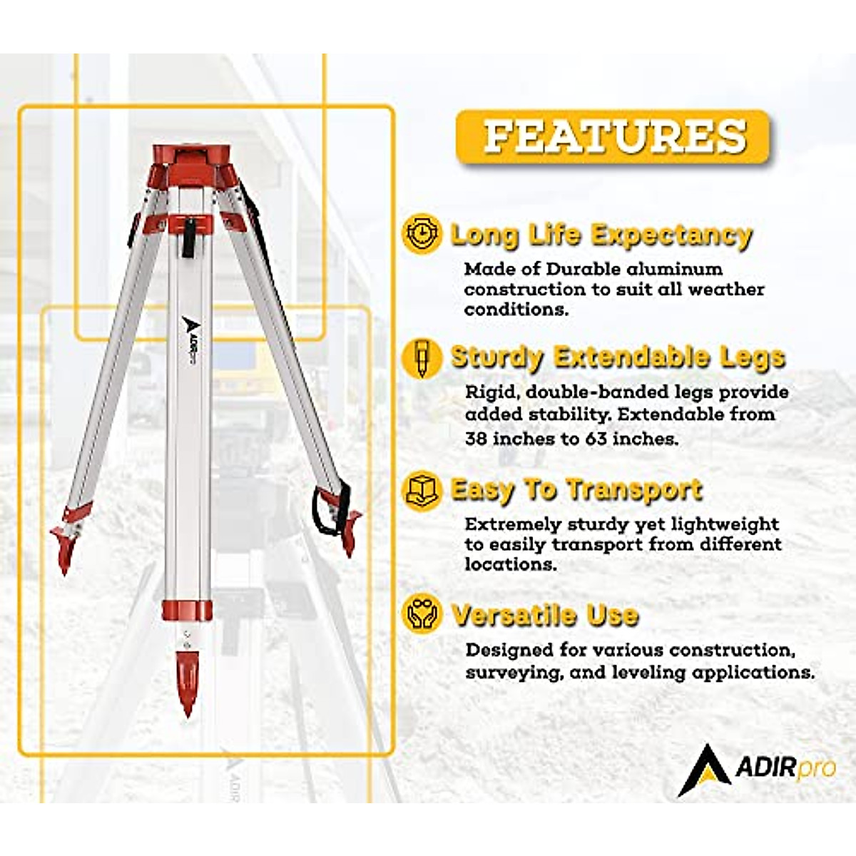 AdirPro Universal Survey Tripod – Aluminum Laser Level Tripod – Transit Level Tripod - Quick Clamp - Heavy Duty Contractor Tripod 5/8” x 11” Thread (Orange)