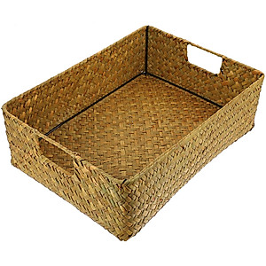 DOITOOL Woven Baskets for Storage - Seagrass Baskets Wicker Storage Basket with Handle - Natural Shelf Baskets Rectangle Basket for Closet Organizers and Storage (15 inch)