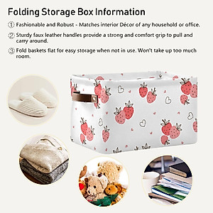 Qilmy Strawberry Pattern Storage Basket with Handles for Organizing, Collapsible Canvas Shelves Storage Bins for Home Closet Bedroom Living Room