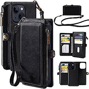MInCYB Wallet Case Compatible with iPhone 13, Zipper Case with RFID Blocking Card Holder Slots, Magnetic Detachable Leather Flip Folio Cover. Crossbody Phone Case of iPhone 13. Black