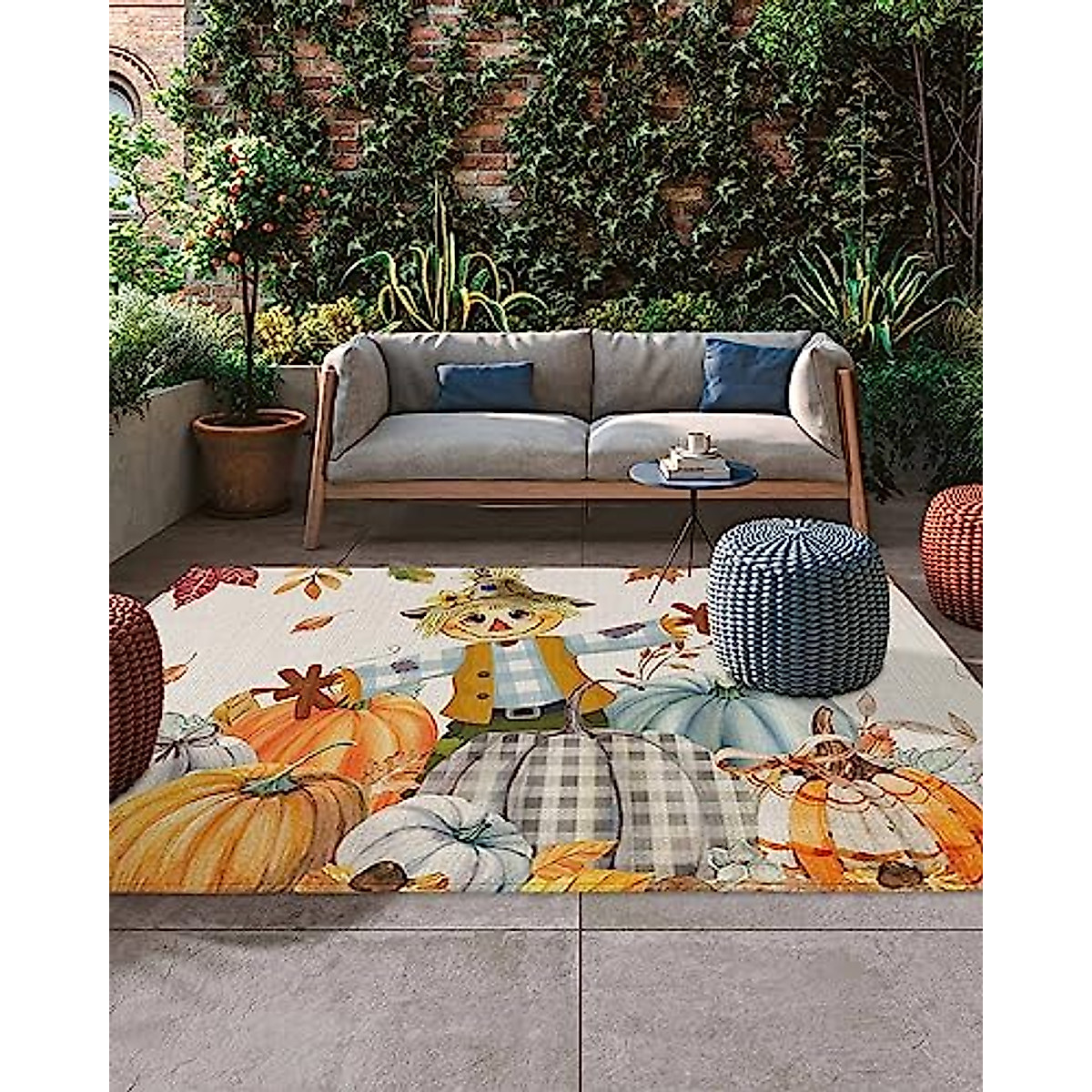 Outdoor Rug 4' x 6', Fall Scarecrow Large Area Rugs for Patio/RV/Deck/Porch/Indoors, Thanksgiving Pumpkin Autumn Leaves Water Absorption Camping Rug Carpet, Lightweight Washable Rug Runners