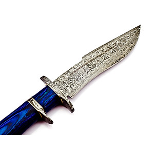 Skokie Knives Custom Damascus Steel Hunting Knife Blue Pakka Wood Handle-Handmade Premium Quality Edge Fixed Blade–Multipurpose–Ideal for Survival Camping Hiking Outdoor Every Day Carry Professional