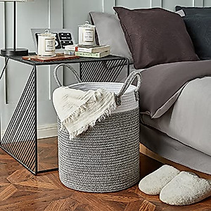 LA JOLIE MUSE Woven Rope Basket Hamper, Tall Cotton Laundry Basket 16 x 14 x 14 Inches, Clothes Blanket Storage Baskets for Living Room Nursery Bedroom Bathroom, White & Gray