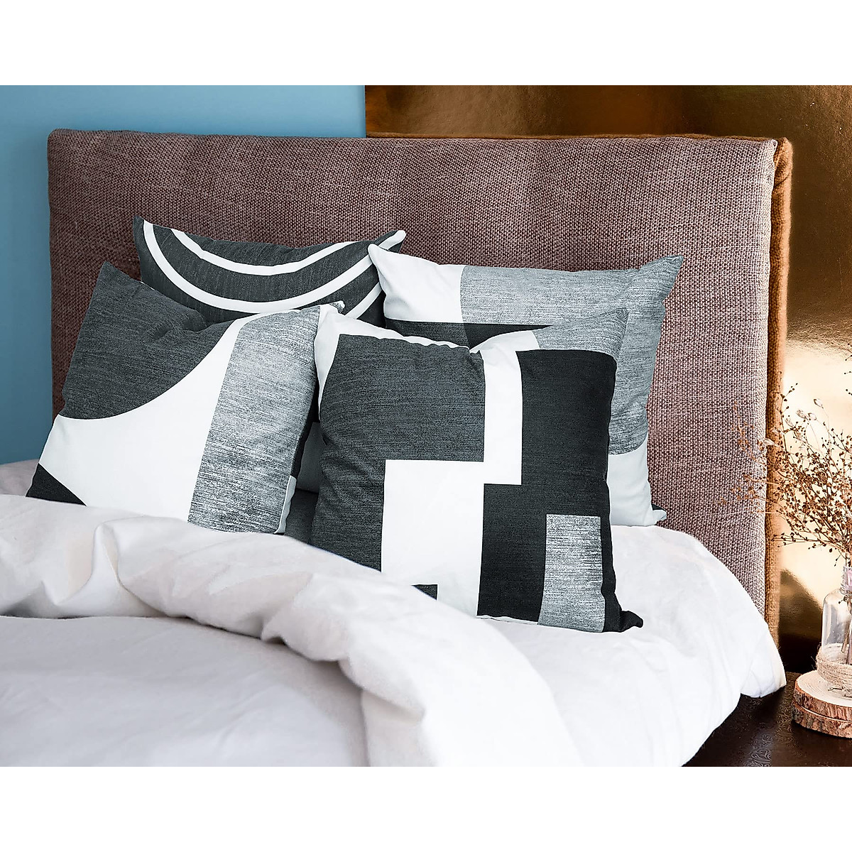 Whim-Wham Set of 4 Black and White Decorative Pillow Covers Gray Silver Boho Throw Pillows for Couch Abstract Geometric Modern Pillowcases 18x18 inches for Bed Bedroom.