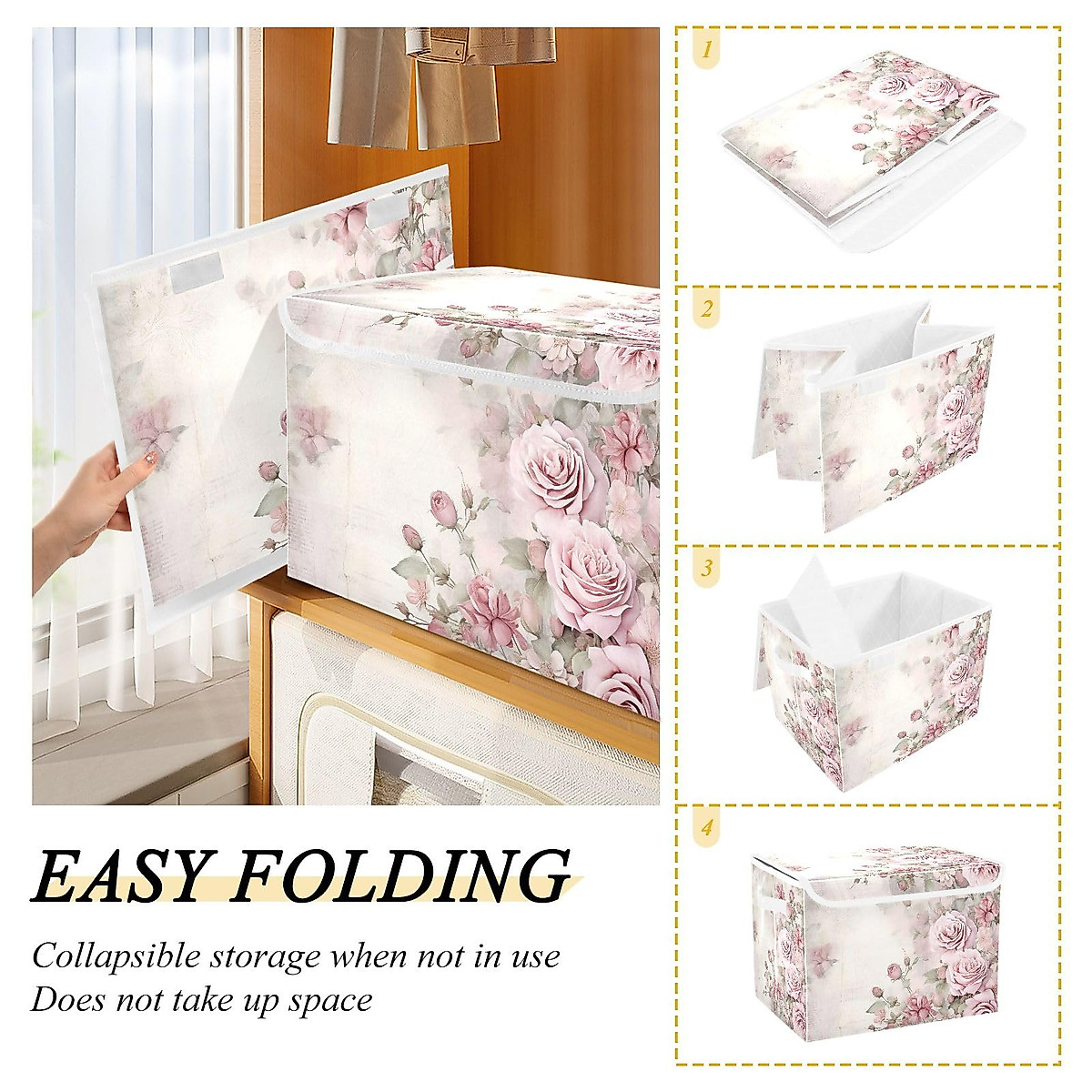 ALAZA Storage Bins Organizer Box Baskets Lidded Clothes for Shelves Closet Pink Rose Retro Collapsible Stackable Storage Cubes Handles