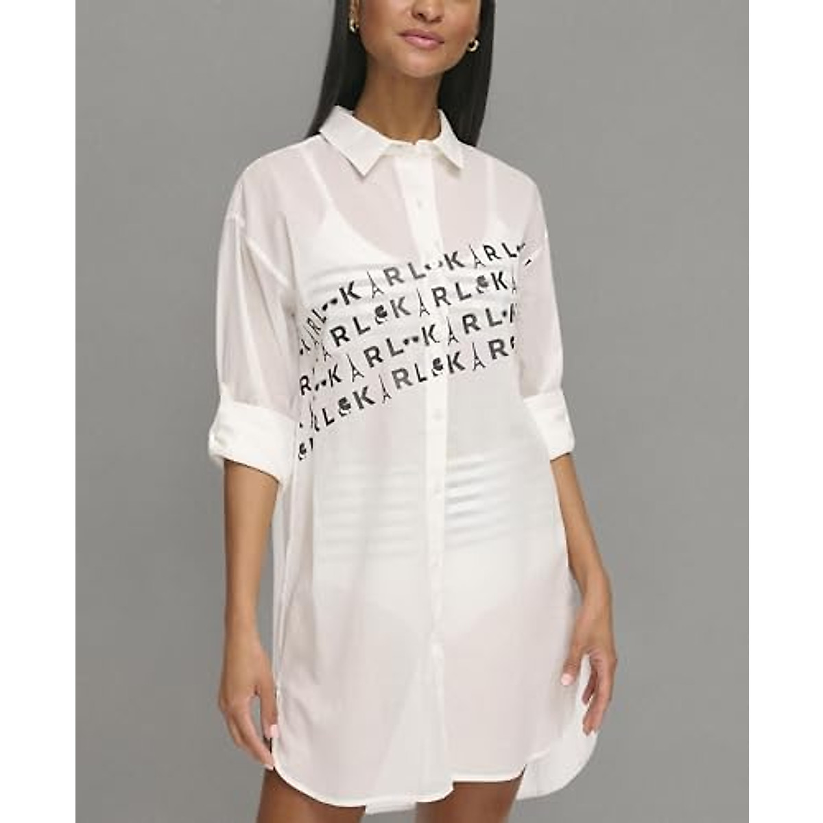 Karl Lagerfeld Paris Women's Standard Paris Logo Collared Swim Coverup, Soft White, Small