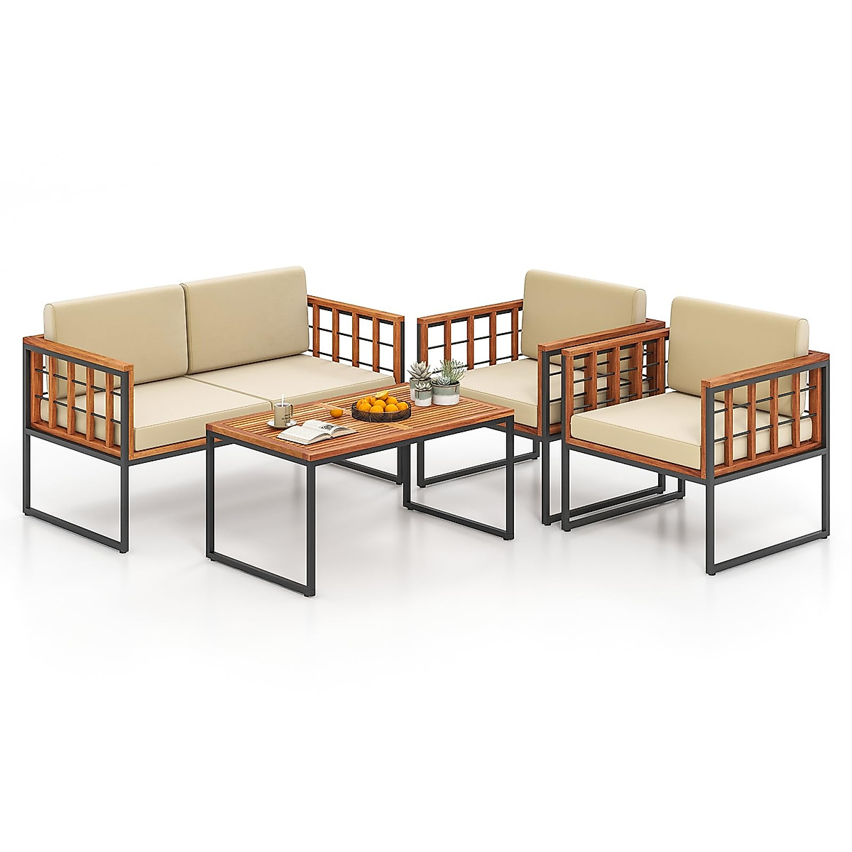 Tangkula Acacia Wood Outdoor Sofa Set, 4 Pieces Outdoor Furniture Set with Heavy Duty Metal Frame, Soft Seat & Back Cushions, for Balcony, Porch, Backyard or Poolside (1, Beige)