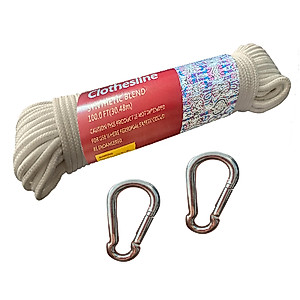 HOUERT Clothesline Rope, 3/16Inch Retracting Outdoors All-Purpose Rope for Laundry Line Dryer with 2 Carabiner Hooks (White, 100ft)