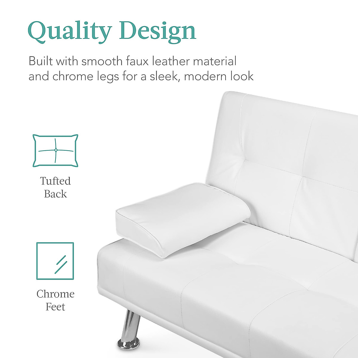Best Choice Products Faux Leather Upholstered Modern Convertible Futon, Adjustable Folding Sofa Bed, Guest Bed w/Removable Armrests - White