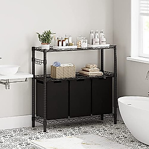 Laundry Sorters with 3 X 45L Laundry Bags & 2 Tier Adjustable Storage Shelf, Pull-Out and Removable Oxford Fabric Laundry Baskets, Black