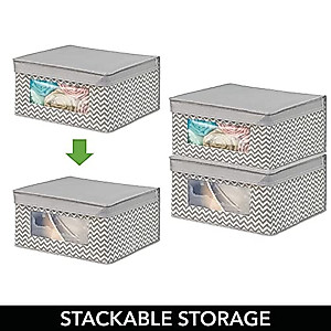 mDesign Medium Fabric Stackable Closet Storage Organizer Box, Front Window/Lid - Bedroom, Office, Mudroom Organization, Hold Clothes, Blankets, Linens, Spira Collection, 4 Pack, Taupe/Natural Chevron