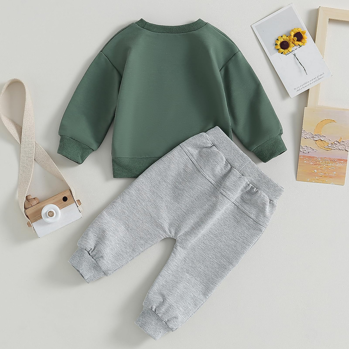 Baby Toddler Boys Fall Winter Outfits Little Dude Letter Printed Long Sleeve Sweatshirts Pants 2Pcs Clothes Set (Dark Green, 6-12 Months)