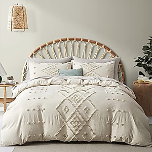 Oli Anderson Tufted Duvet Cover King Size, Soft and Lightweight Duvet Covers Set for All Seasons, 3 Pieces Boho Embroidery Shabby Chic Bedding Set (Beige, King, 104’’ x 90’’)