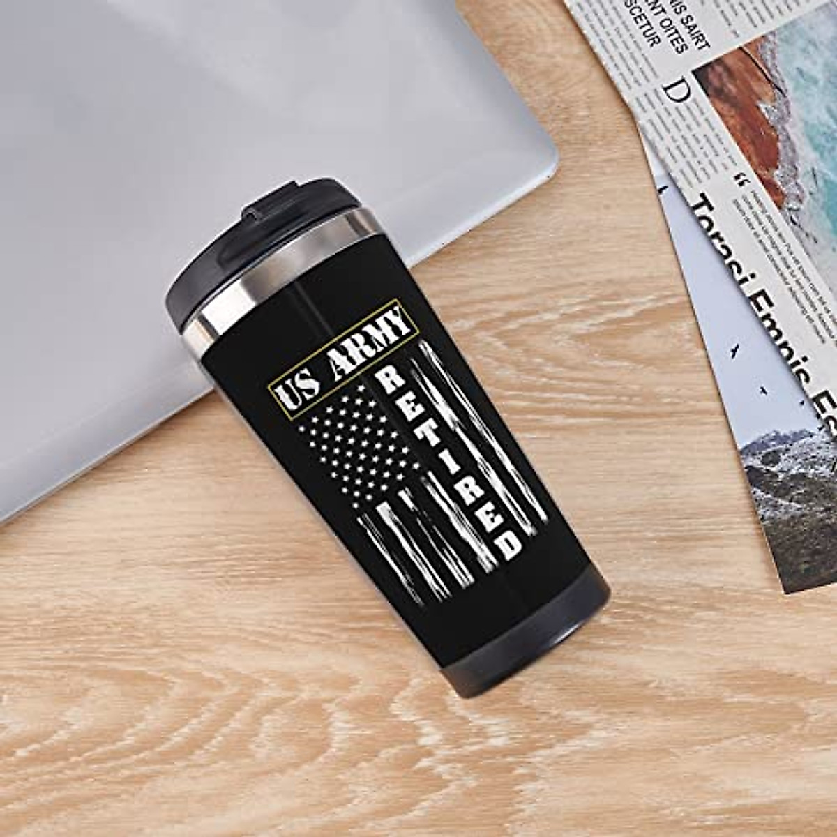 OSUKI Army Retired American Flag Coffee Travel Mug Stainless Steel Straw Travel Tumbler Vacuum Insulated Keep Cold