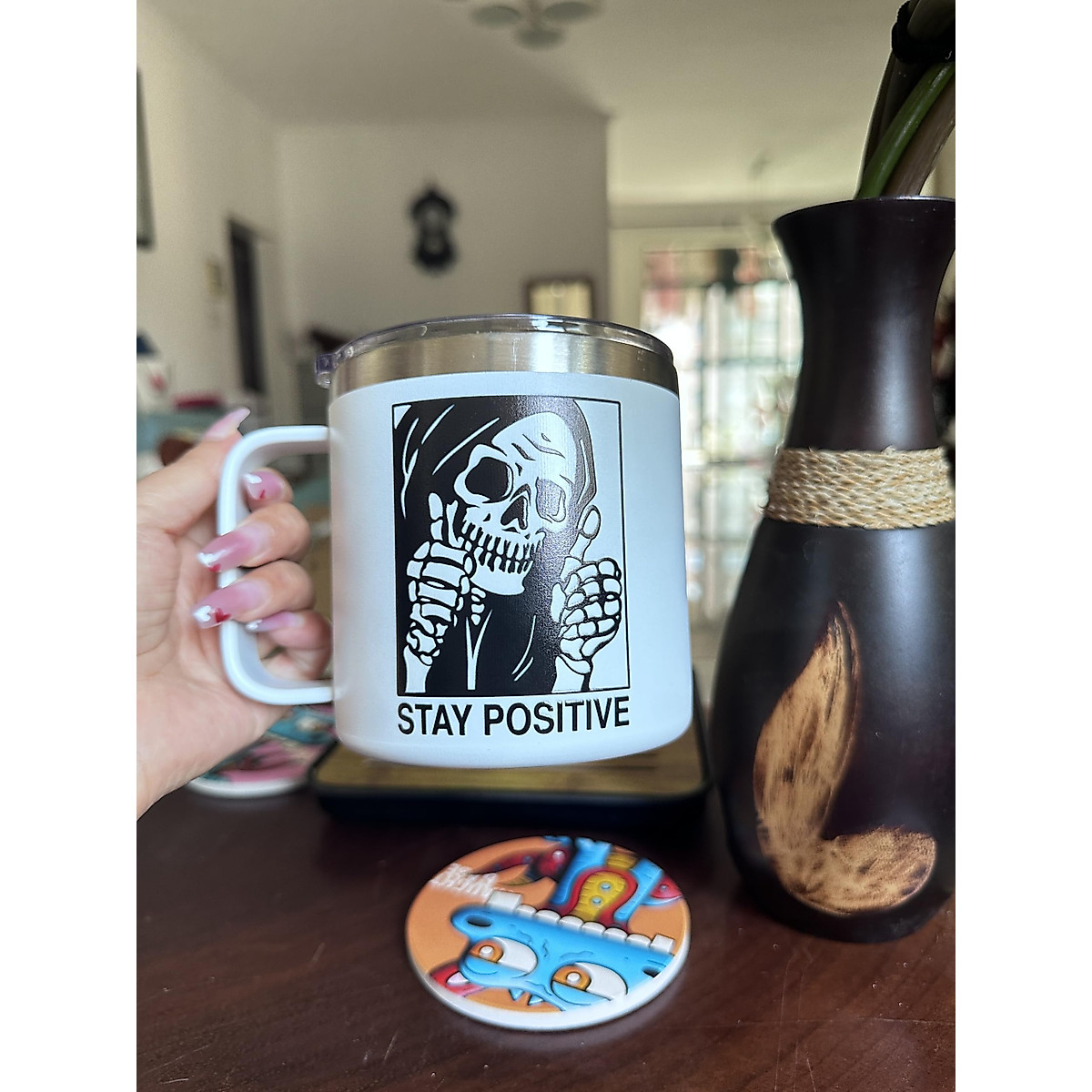 EXIGENT Funny Stay Positive Skull Coffee Tea Cup Mug Collectible 14Oz Ounces Birthday Gifts Decorations (SKULL)