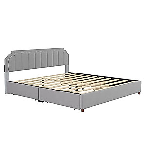 POCIYIHOME King Size Upholstered Platform Bed with Four Storage Drawers & Support Legs, Modern Wooden Bed with Velvet Finish for Bedroom, Classic & Elegant, No Box Spring Needed, Grey (King)