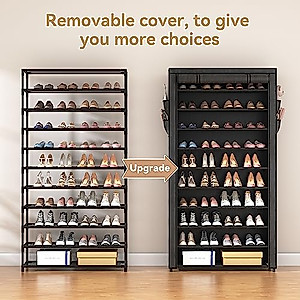 ROJASOP 10 Tier Shoe Rack with Covers,Large Capacity Stackable Tall Shoe Shelf Storage to 50-55 Pairs Shoes and Boots Sturdy Metal Free Standing Shoe Rack Organizer for Closet Entryway Garage Bedroom