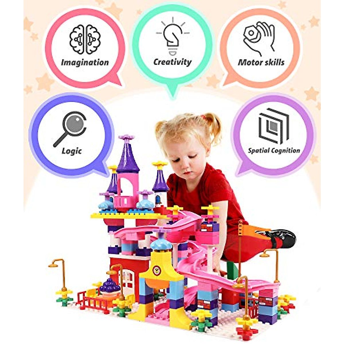 Castle Building Blocks Set Toys for Girls Princess Castle Large Building Blocks Bricks Race Track Kids STEM Educational Construction Roller Coaster Toys for Age 3+ Toddler Kid Boy Girl Gift Toy 161Pcs