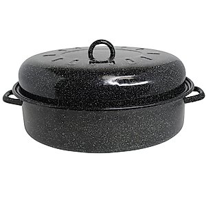 Mirro 15" Black Covered Oval Roaster with Lid for Roasting Turkey, Meats