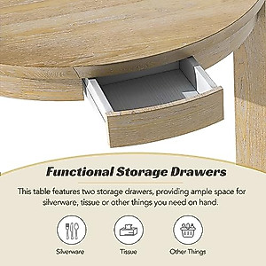 LCH 5 Piece Round 4 Wood Extendable Kitchen Set with Storage Drawers Farmhouse Dining Room Table and Chairs, 16" Removable Leaf, Natural