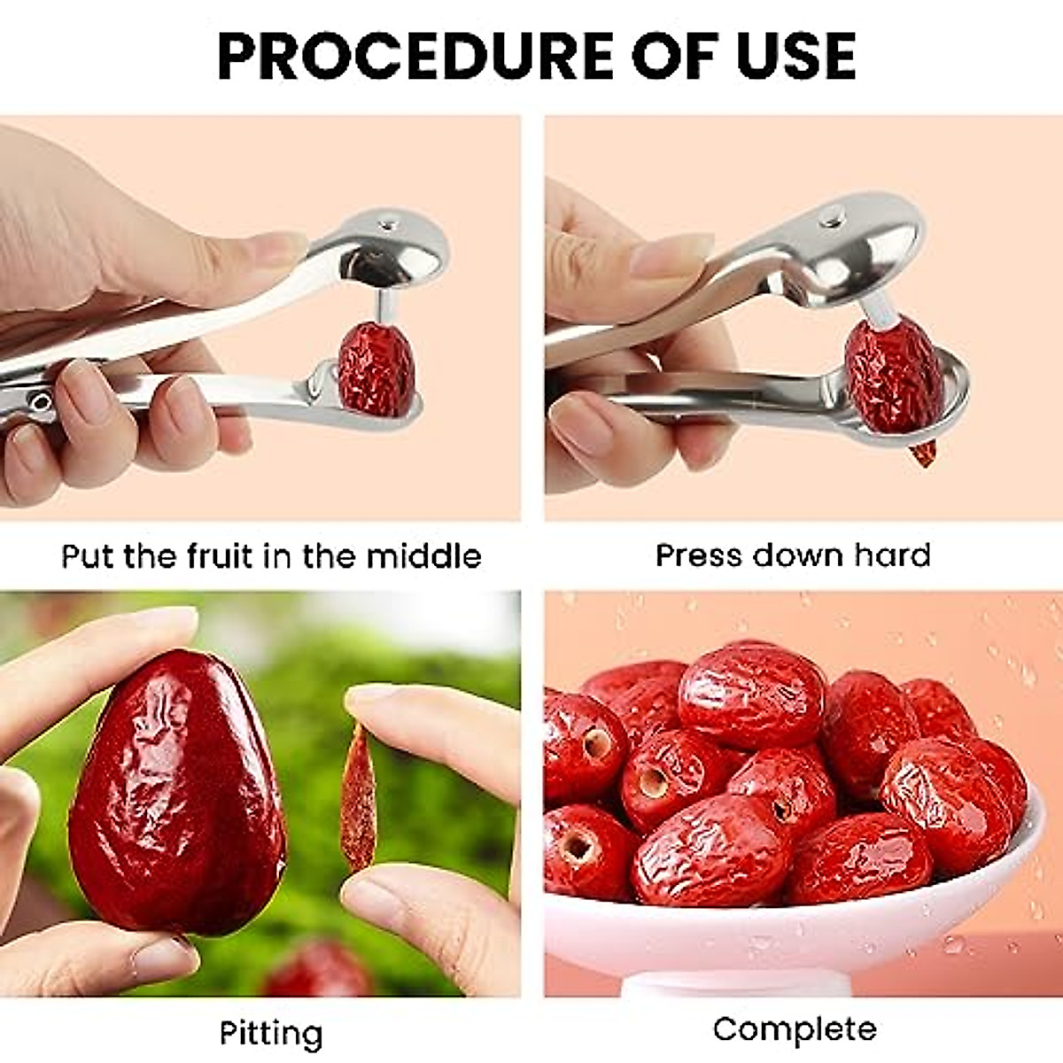 CALIDAKA Cherry Pitter Tool, 4PCS Stainless Steel Pitter Tool, Portable Cherry Remover Olives Pitter Tool, Kitchen Pitter for Cherry, Olives, Hawthorn, Red Date