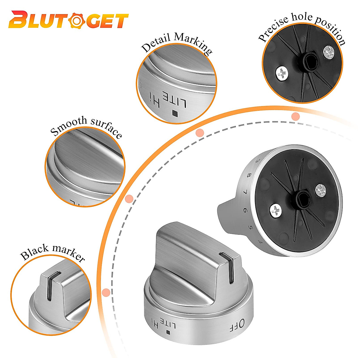 WB03X24818 Gas Stove Knobs Replacement 5Pack 100% Stainless Steel Gas Range Oven Stove Knob-24Pack WB02X24790 Grate Rubber Feet-Fit for GE Gas Stove Top Range Grate Foot Rubber Pads