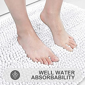 Grandaily Chenille Striped Bathroom Rug Mat, Extra Thick and Absorbent Bath Rugs, Non-Slip Soft Plush Shaggy Bath Carpet, Machine Wash Dry, Bath Mats for Tub, Shower and Bath Room, 24x16, White