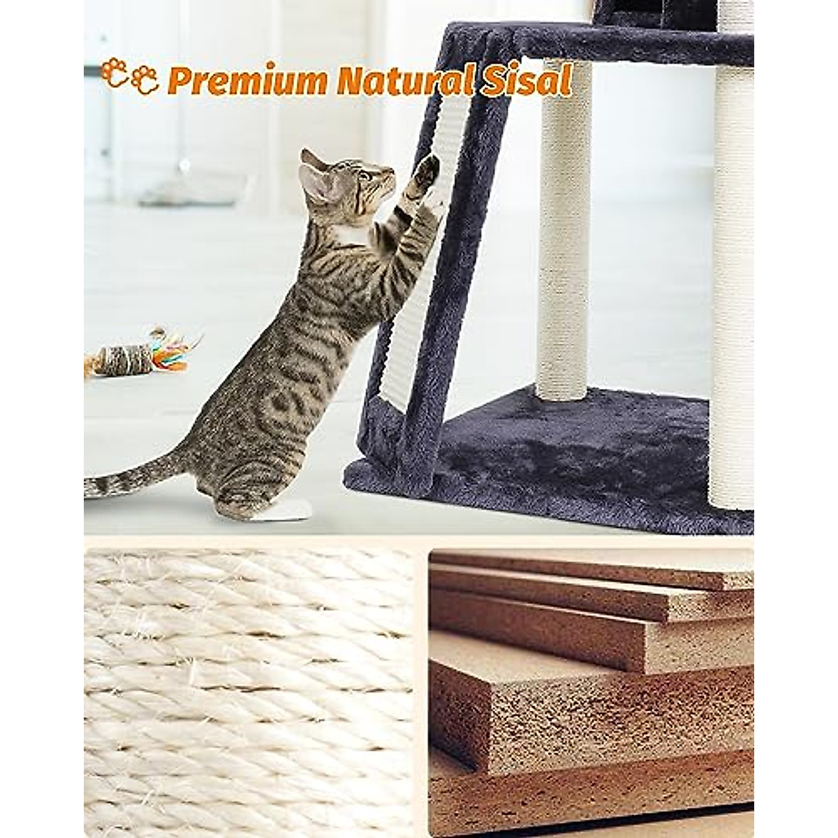 KSIIA Cat Tree for Indoor Cats 43 Inch Tall Cat Climbing Tower with Sisal-Covered Scratching Post & Board Modern Kittens Activity Condo House with Plush Perch, Grey