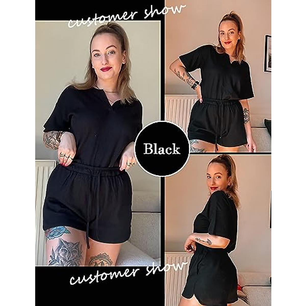 Ekouaer Waffle Knit Pajamas Set Womens Loungewear Short Sleeve Lounge Set 2 Piece PJ Sets S-XXL Black