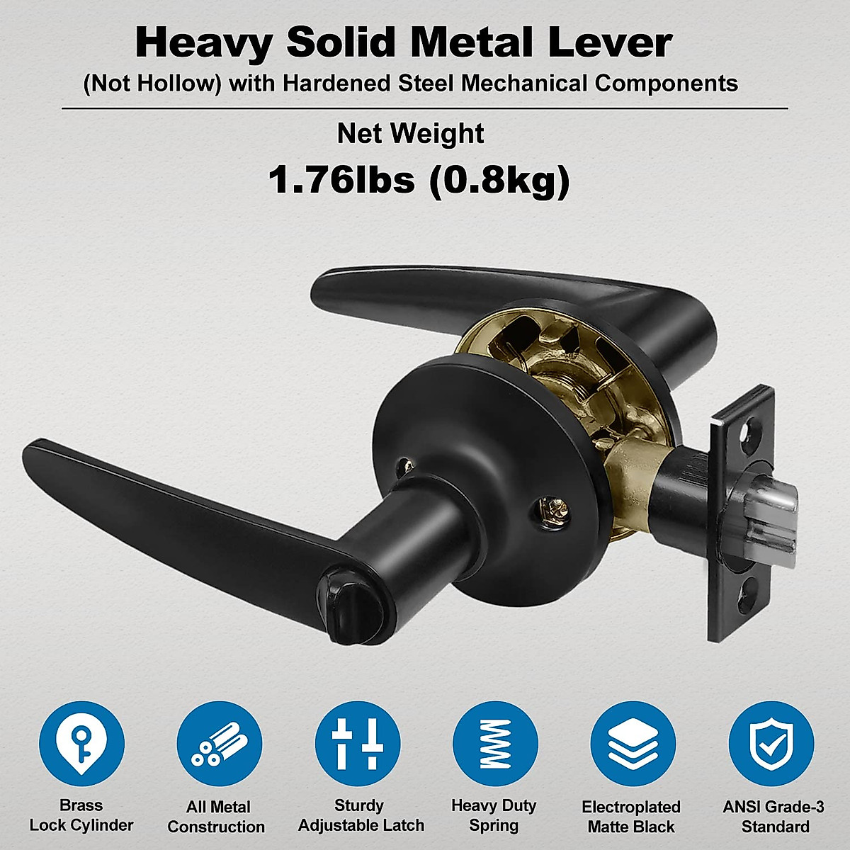 BESTTEN Roma Series Keyed Entry Door Lever with Removable Latch Plate,All Metal Door Handle with Lock and Key, Matte Black