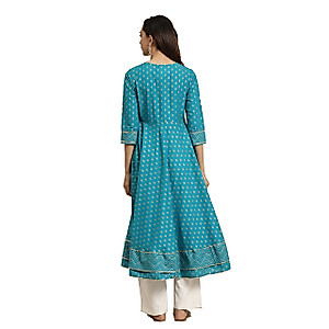 Yash Gallery Women's Cotton Blend Floral Print Anarkali Kurta (Blue)