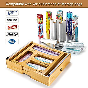 Bamboo 6 In 1 Foil and Plastic Wrap Organizer, Ziplock Bag Organizer/Holder Wrap Dispenser With Slide Cutter, for kitchen Drawer or House Wall Use, for Gallon,Quart,Sandwich Bag etc.