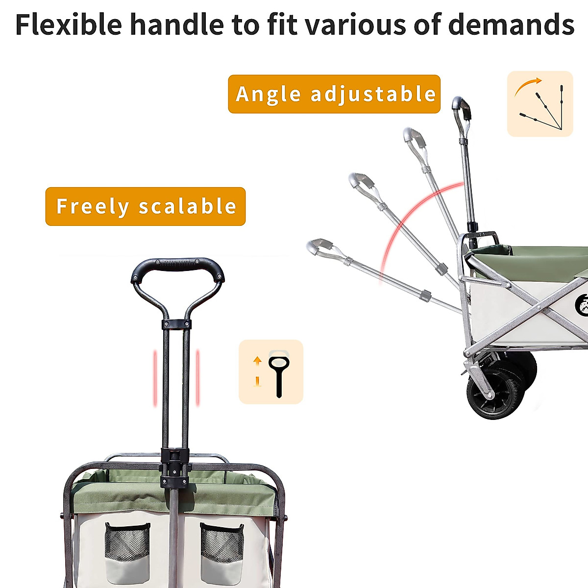 GLANZEND Collapsible Foldable Wagon, Utility Wagon Garden Trolley Cart Adjustable Handle All-Terrain Beach Wheels & Drink Holders, for Shopping Outdoor Camping Beach Garden, Green+White