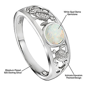 Sterling Silver Opal Two Sea Turtles Tapered Wedding Ring Eternity Band for Women, Hawaiian Island Tropical Ocean Jewelry Gemstone, Gift Box Included (White Opal, 8)