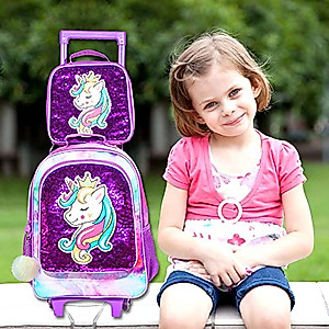 TXHVO 3PCS Rolling Backpack for Girls,Kids Unicorn Bookbag with Roller Wheels, Sequin Suitcase School Bag Set for Elementary Toddler