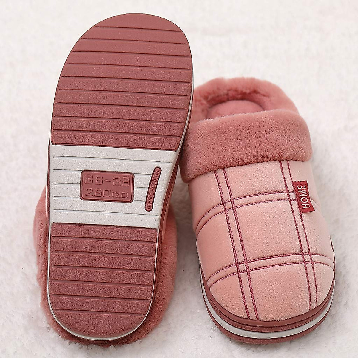 FraftO Warm Winter Mens Slipper Velvet Waterproof Fur Home Warm Memory Cotton Slippers Shoes Pink