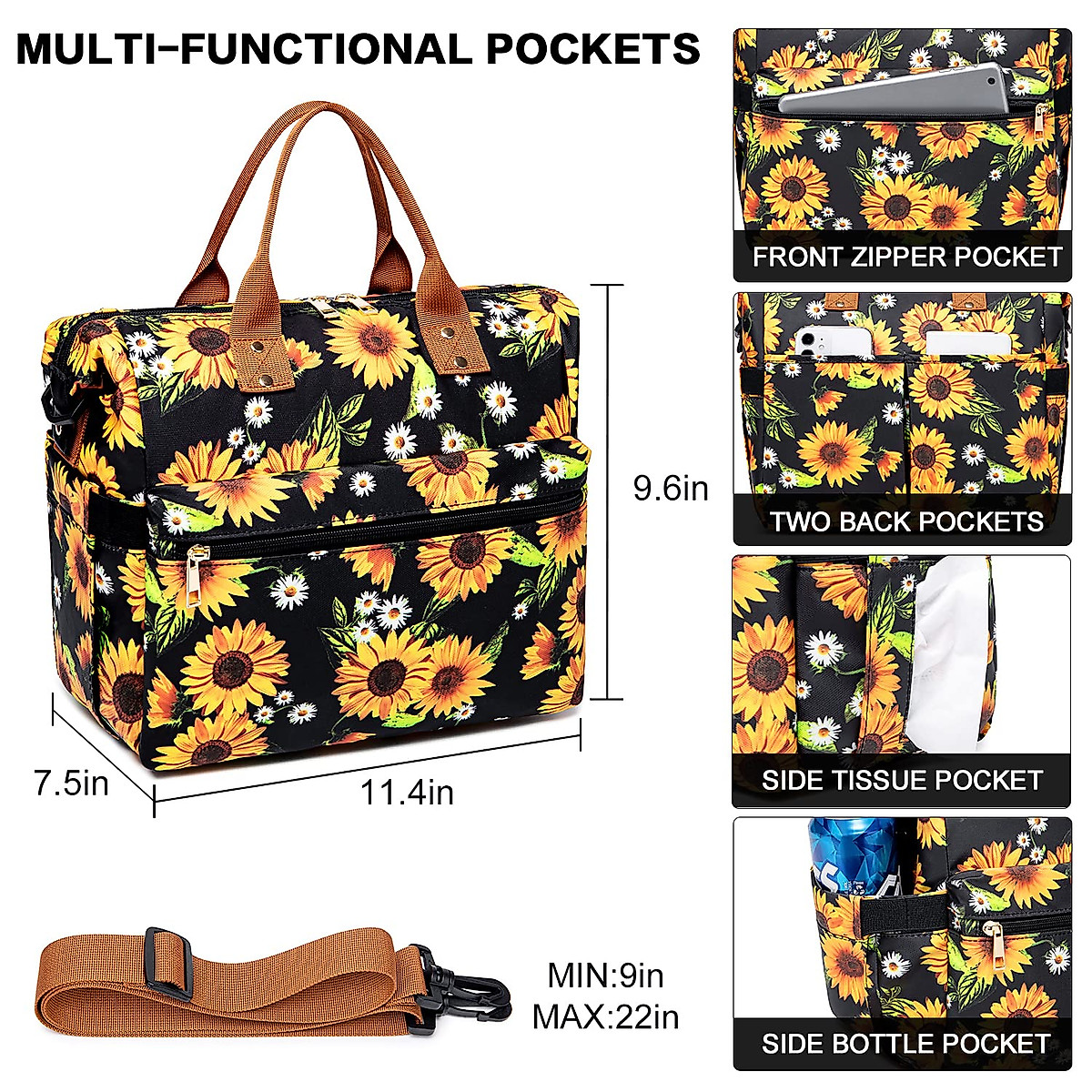 Idle Hippo Insulated Lunch Bag Large Lunch Box Container with Multi-Pockets Leakproof Cooler Tote Bag with Adjustable Shoulder Strap for Adult Men Women Work Office Picnic-Sunflowers