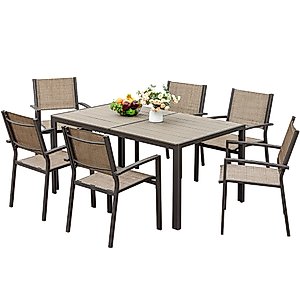 JUMMICO Outdoor Dining Set 7 Piece Patio Furniture Set with Weather Resistant Table and 6 Textilene Chairs for Yard, Deck and Poolside (Brown)